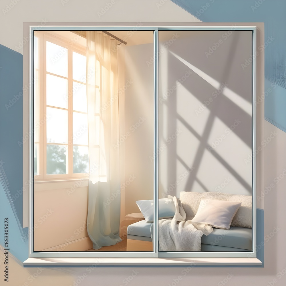 Transparent glass pane subject, situated in a serene morning-lit ...