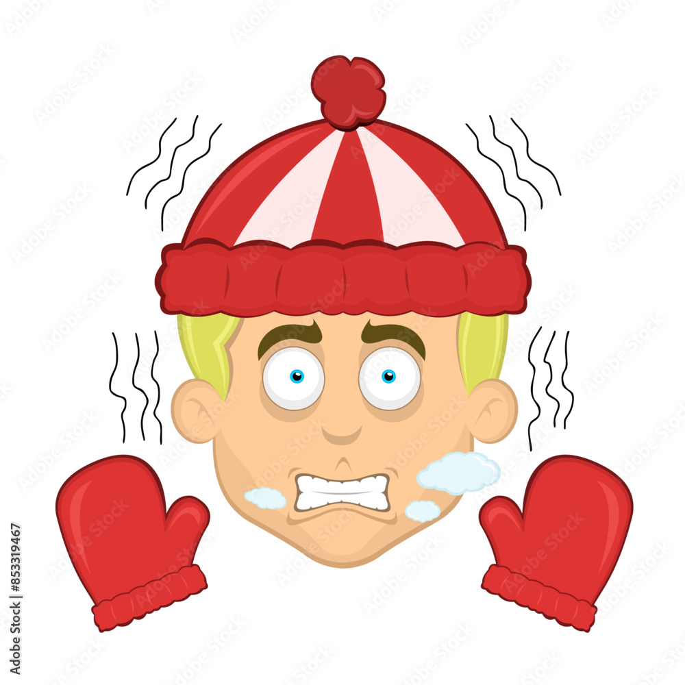 vector illustration face man cartoon blonde eyes, shivering cold ...