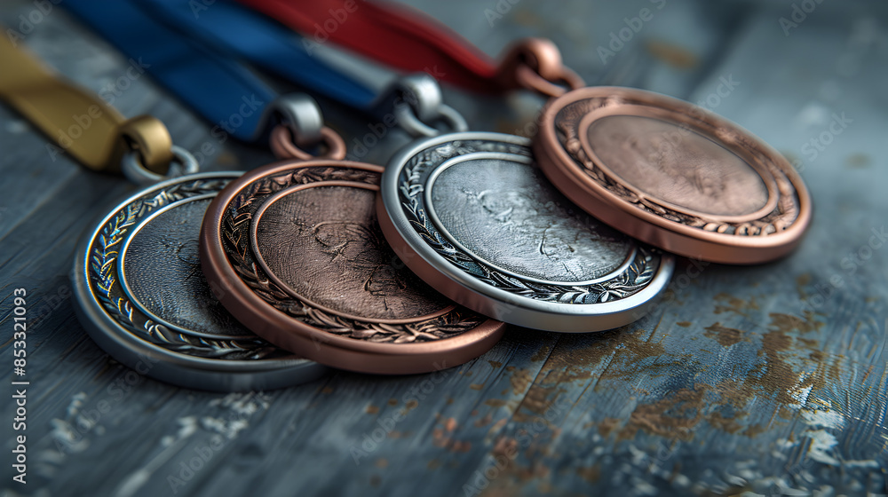 Gold, silver and bronze olympic medals blue background. Stock ...