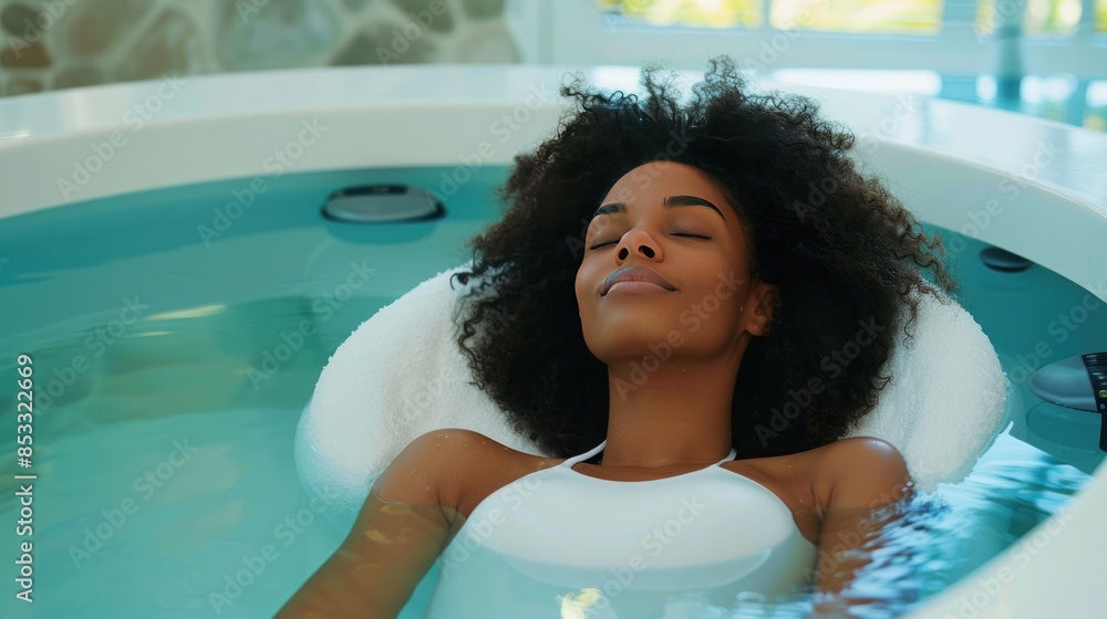 Beautiful woman floating in tank filled with dense salt water used in ...