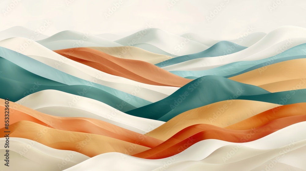 Hills depicted in a 3D mural style, using basic shapes and lines, soft ...