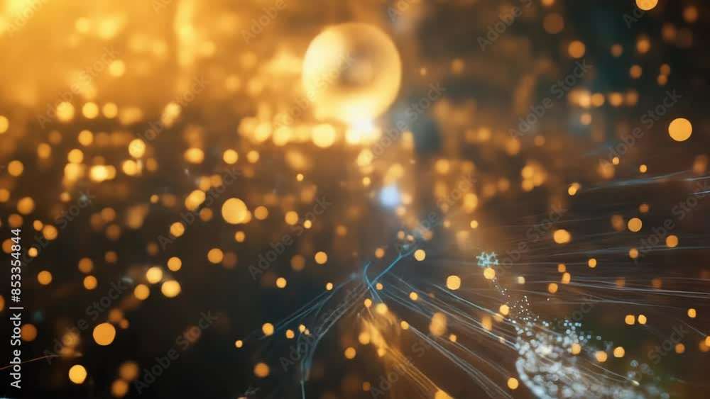 Glowing golden light particles floating in a dark, abstract space, creating a mesmerizing and ...