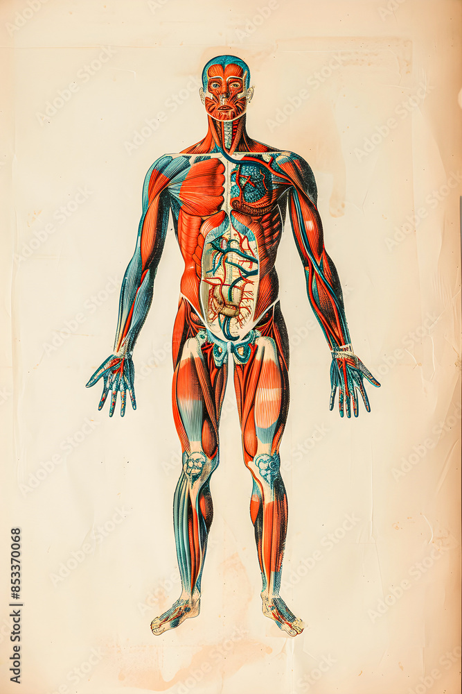 Vintage Medical Poster Illustration of Human Body with Muscles and ...