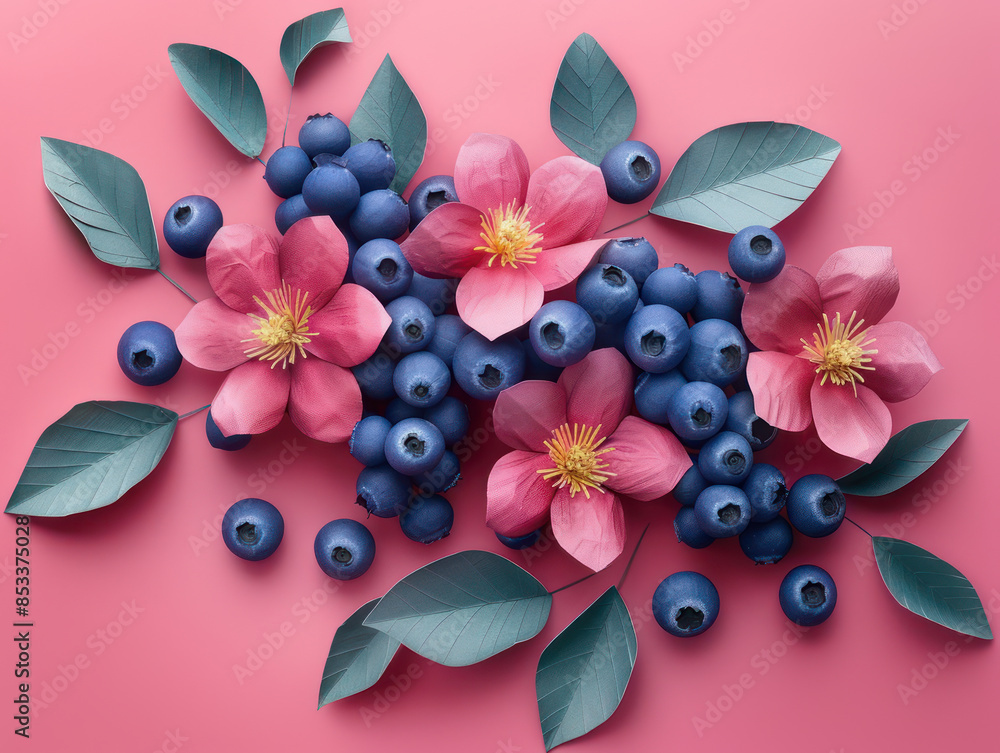 Stunning Arrangement of Blueberries and Pink Flowers on a Pastel Pink ...