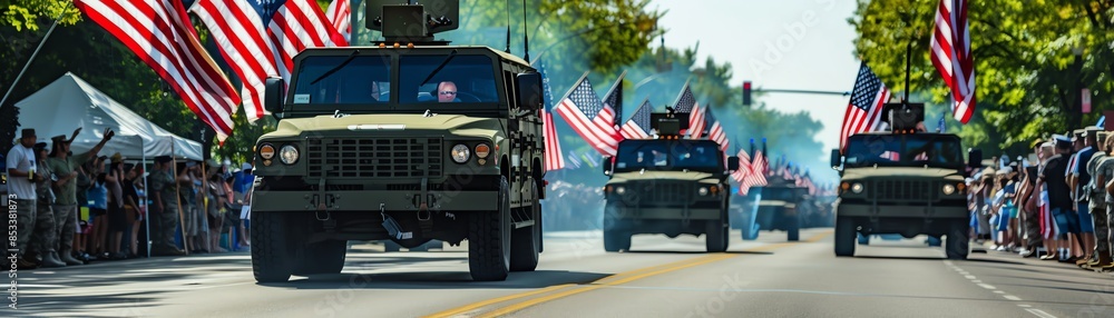 Military vehicles in Independence Day parade, American flags waving ...