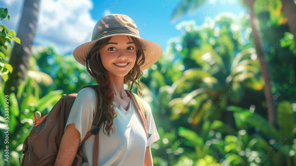 cheerful tour guide standing at the entrance of a nature park, warmly ...