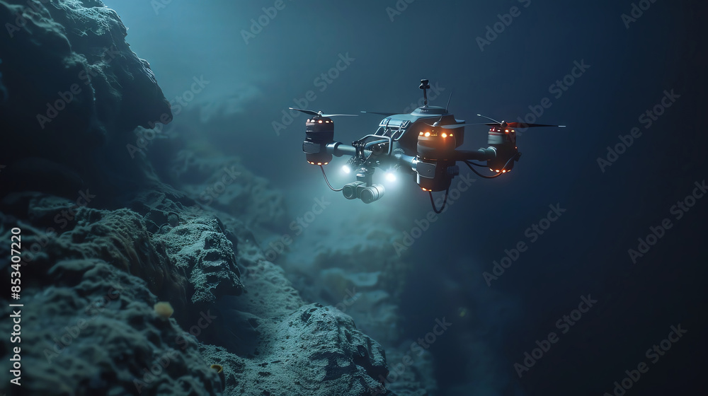 Deep-sea exploration drone navigating the abyss, capturing rare marine ...