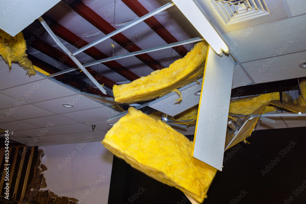Damaged ceiling is demolition project during renovation of commercial ...