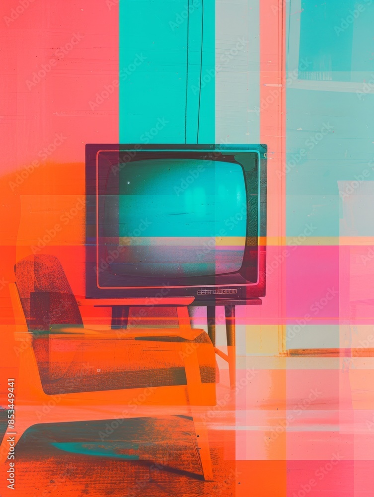 Psychedelic Vision of a 1950s Living Room with Television Static and ...