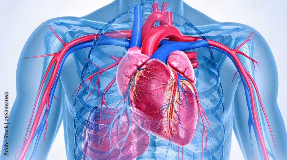 A technical medical illustration depicting the human heart within a ...