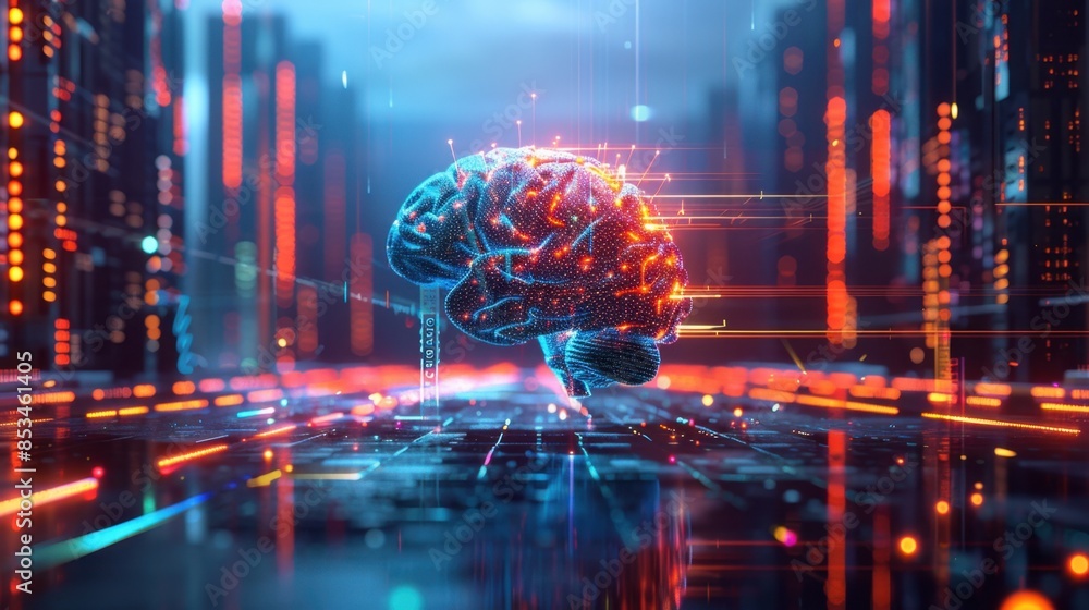 Explore a futuristic digital brain floating above a platform, connected by shimmering lines ...