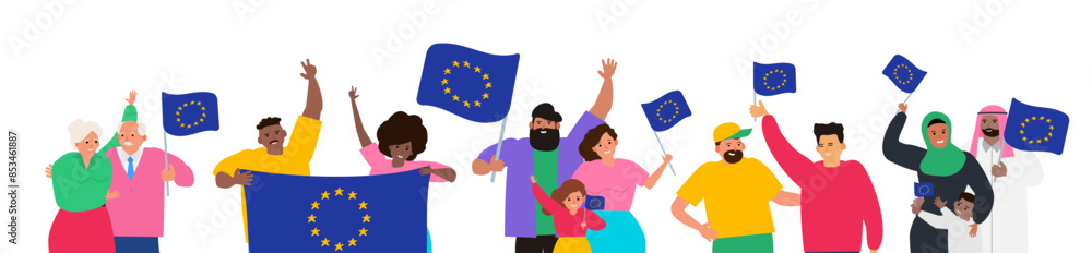 group of multiracial multicultural people holding european union flags ...