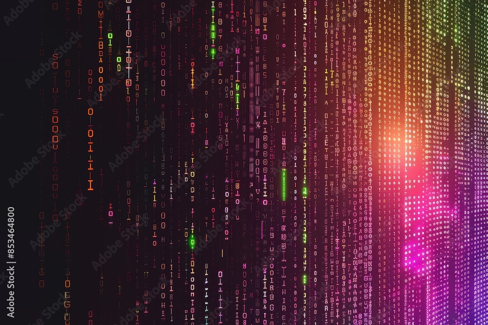 Digital Matrix Code with rainbow colors - The image depicts a digital ...