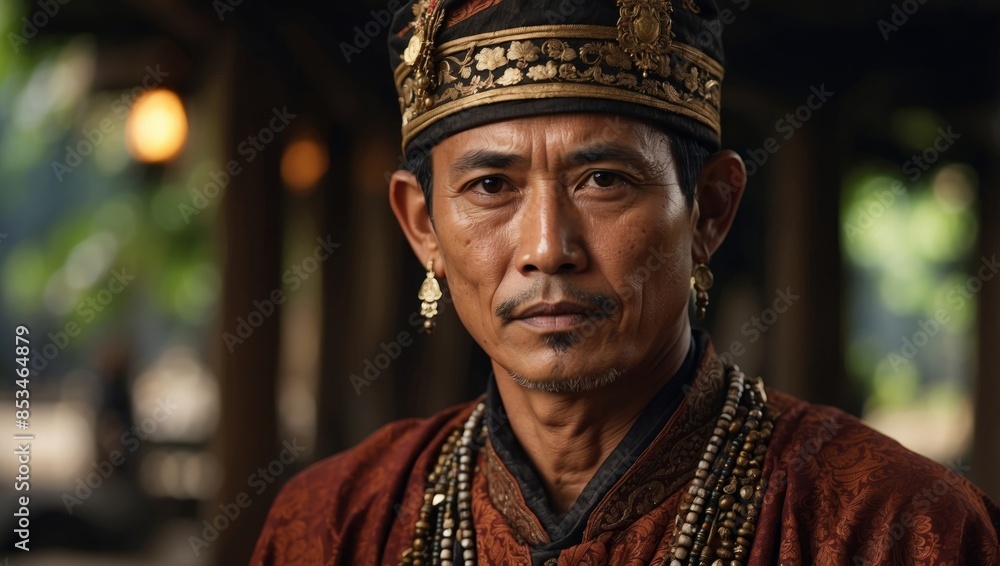 Asian man wearing traditional clothes,beskap and keris is traditional ...