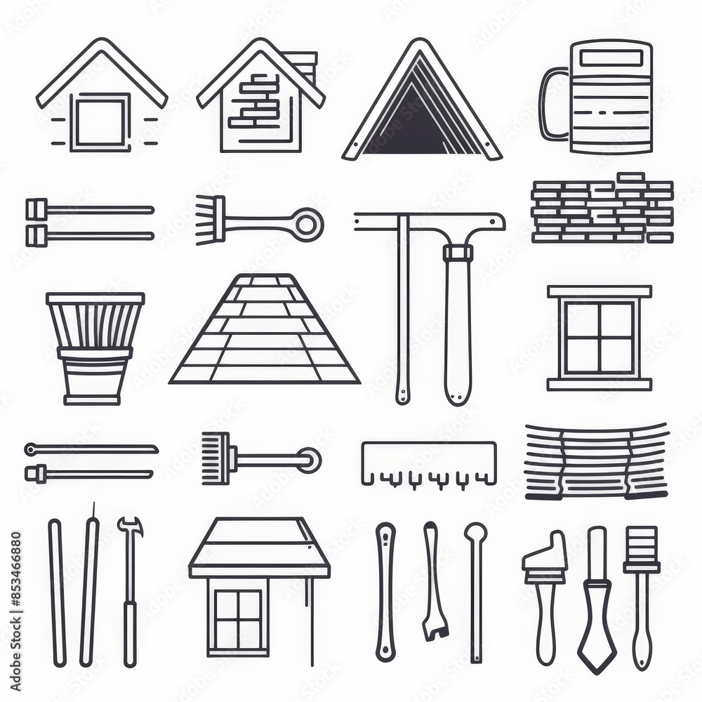 Thin line icons representing the tools and materials used for roof ...