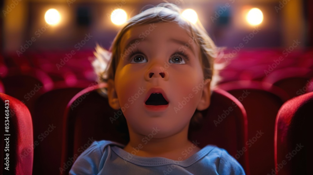 A child with a captivated expression sits in a theater, watching a show ...
