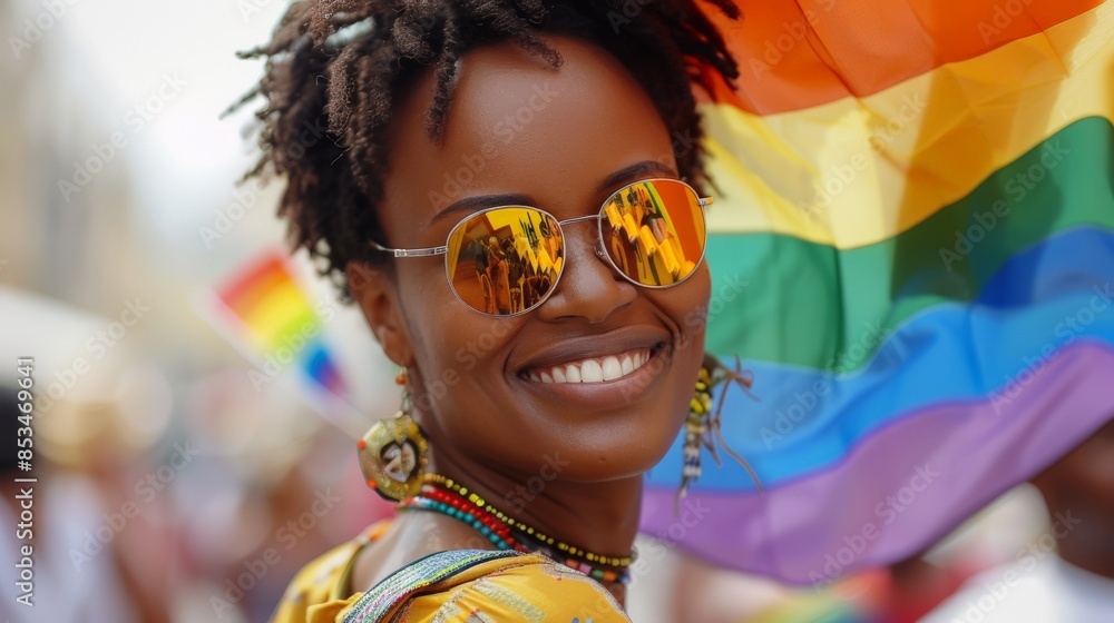 Happy gay black woman celebrating gay pride month at lgbtq+ community ...