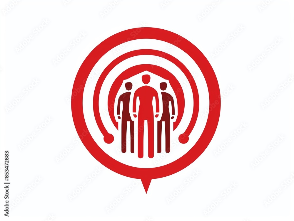 Red icon with three abstract human figures inside concentric circles ...