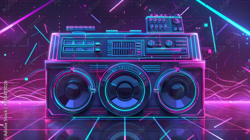 Neon 1980s Retro Music Cliparts with Boomboxes, Synthesizers, and Retro ...