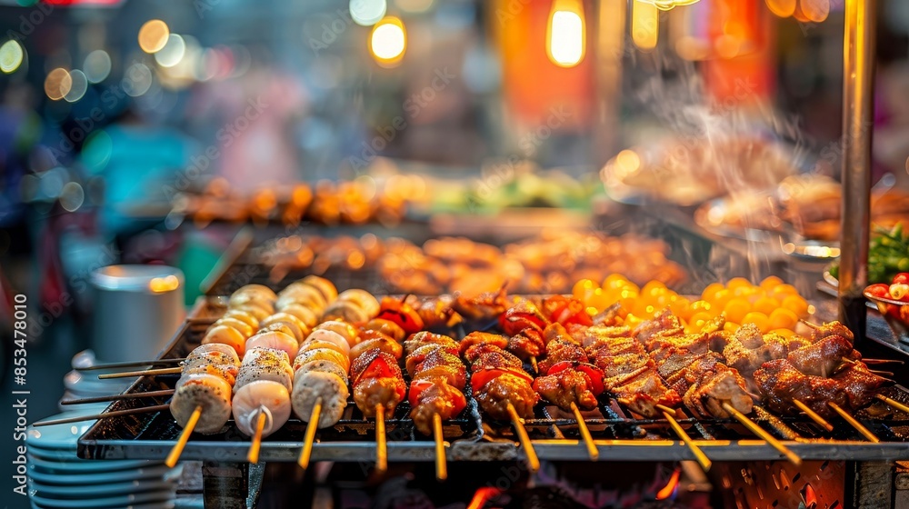 Night market food stall with hot grilled street food, neon light glow ...