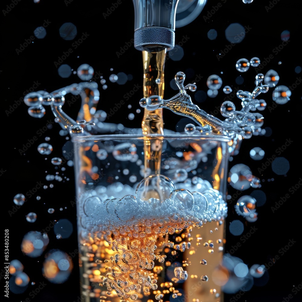 X-ray of a beer tap pouring into a tilted glass, revealing foam and ...
