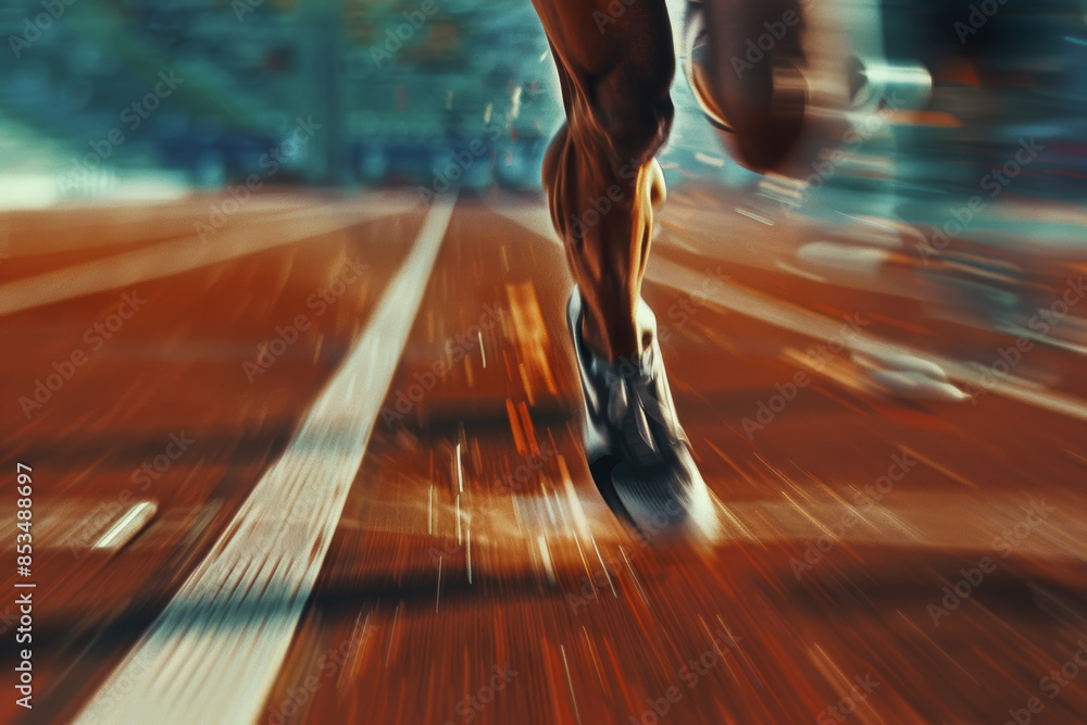 Close-up, track and field, sprinter's legs and torso at full speed ...