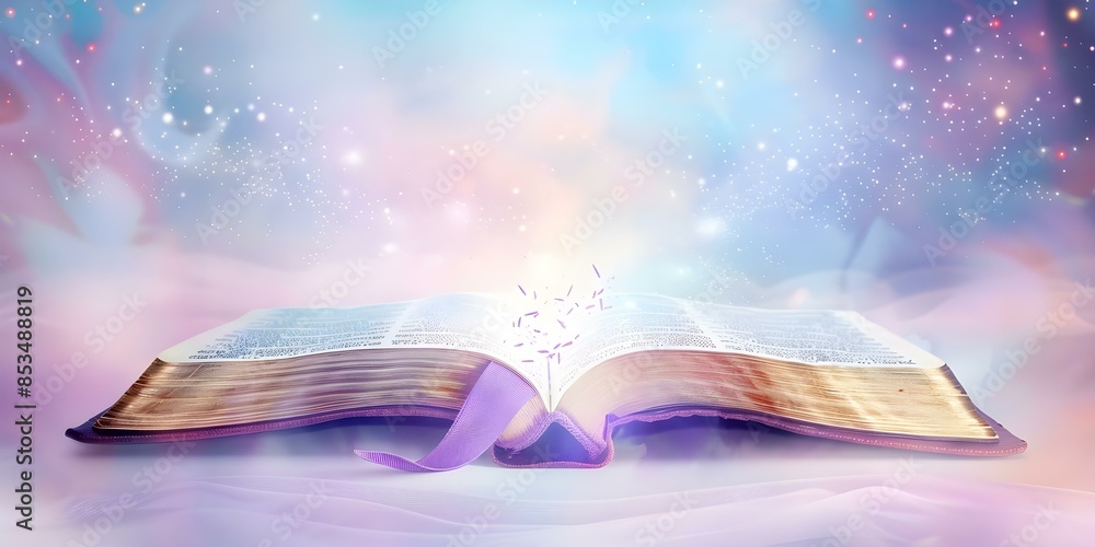 Watercolorstyle illustration of an open Bible with a purple bookmark ...