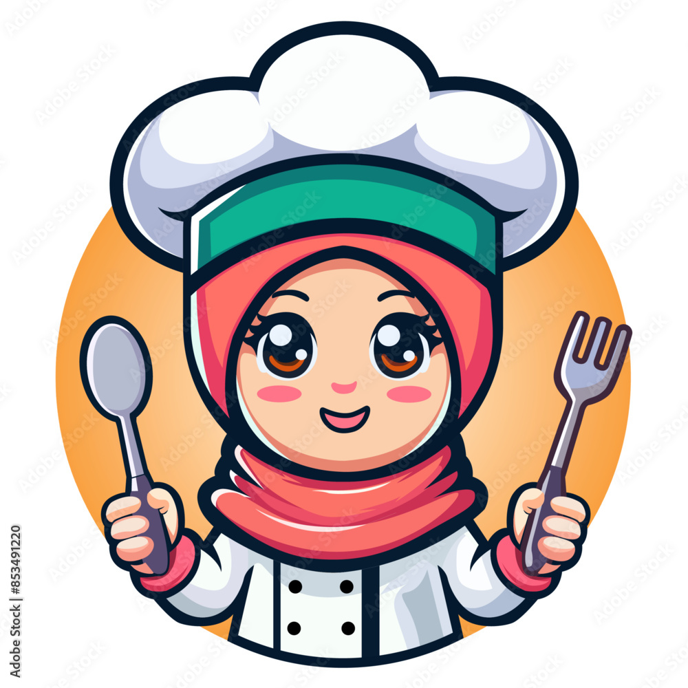 chef logo cute girl wearing hijab holding spoon and fork, chef logo ...