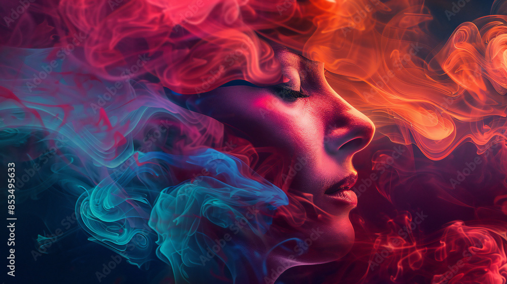 A captivating and surreal image of a face enveloped in swirling clouds ...