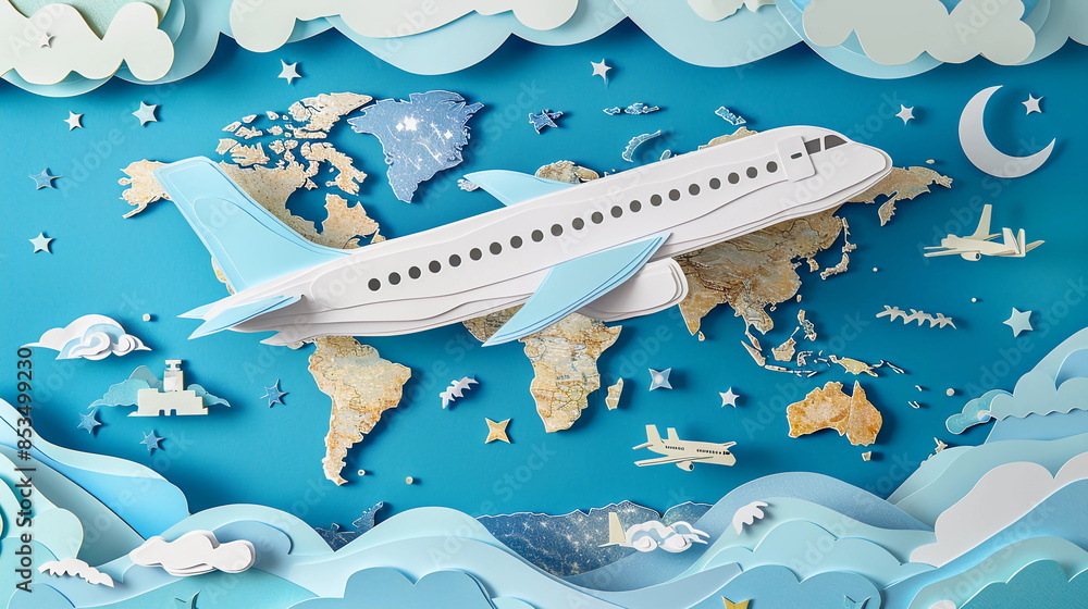 A whimsical paper art scene of a commercial airplane flying over a ...