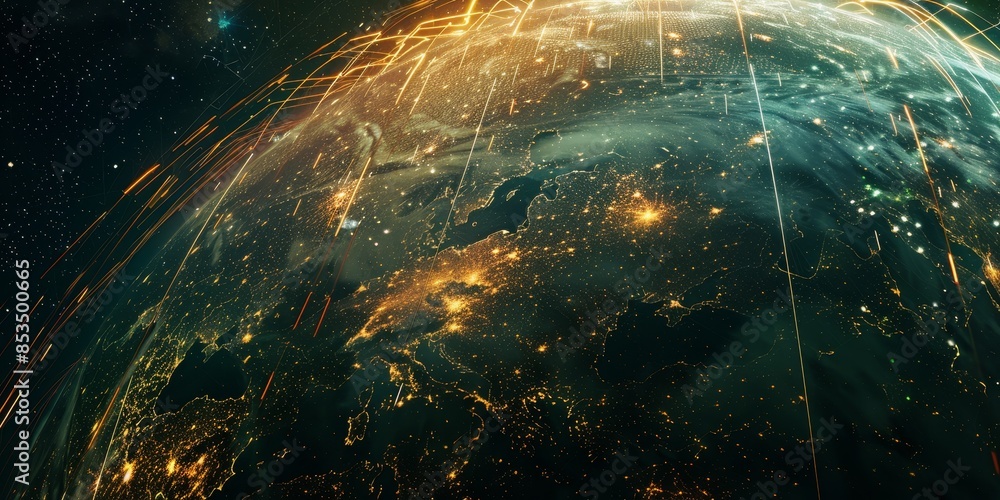 A dynamic globe with lines of light mapping out global scientific ...