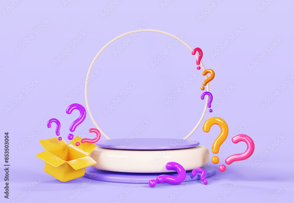 3d podium with mystery open gift box and question marks render. Round ...