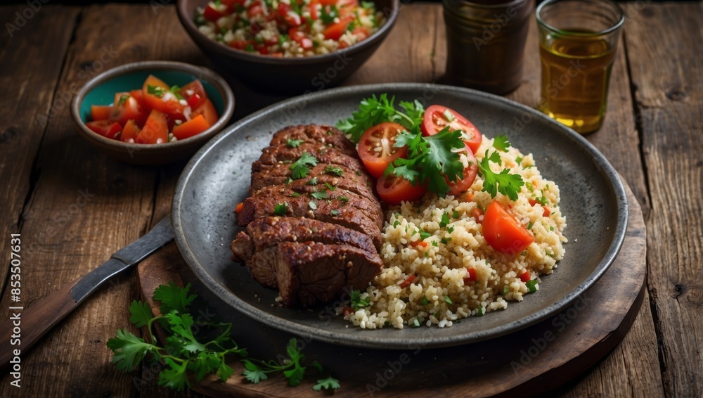 Middle eastern Turkish dinner with meat kebab and couscous salad ...