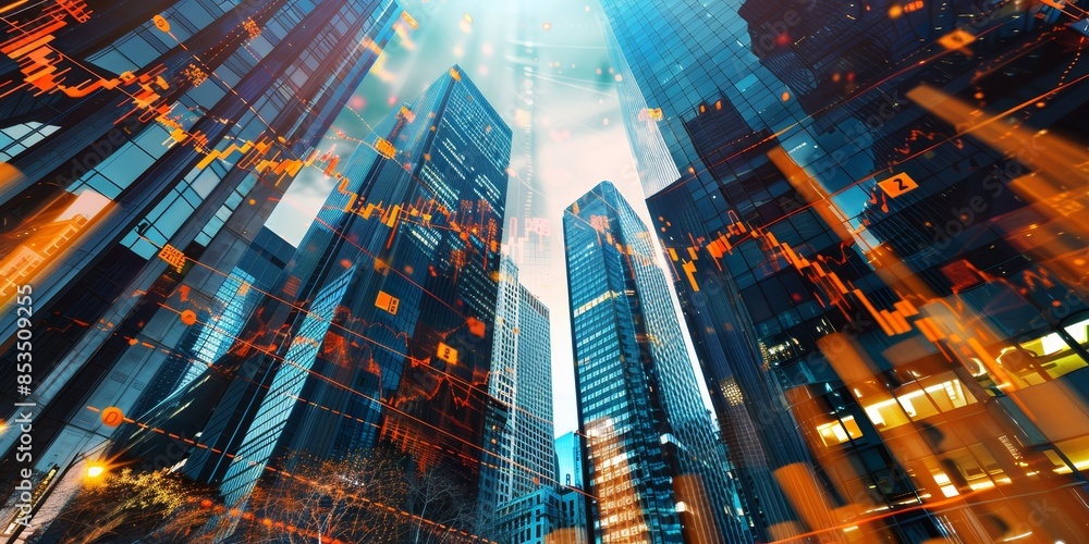 A financial district with towering skyscrapers and a prominent stock ...