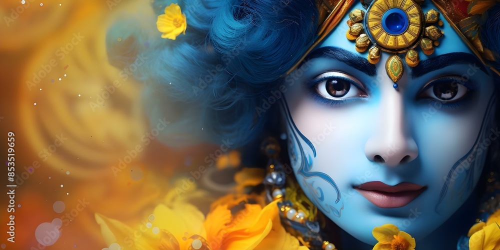 Detailed illustration of Hindu god Krishna in a realistic closeup ...