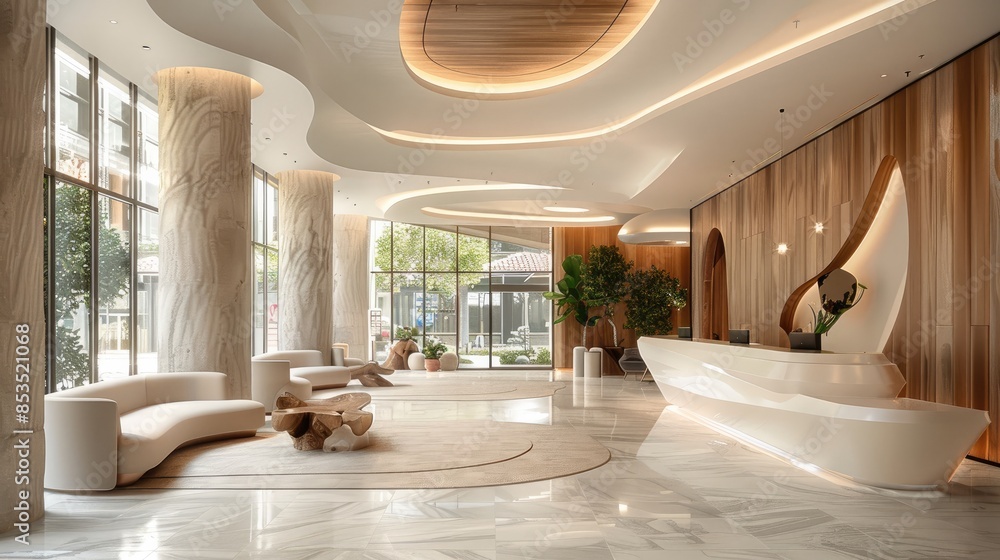 A contemporary organic hotel lobby, sculptural white oak concierge desk ...