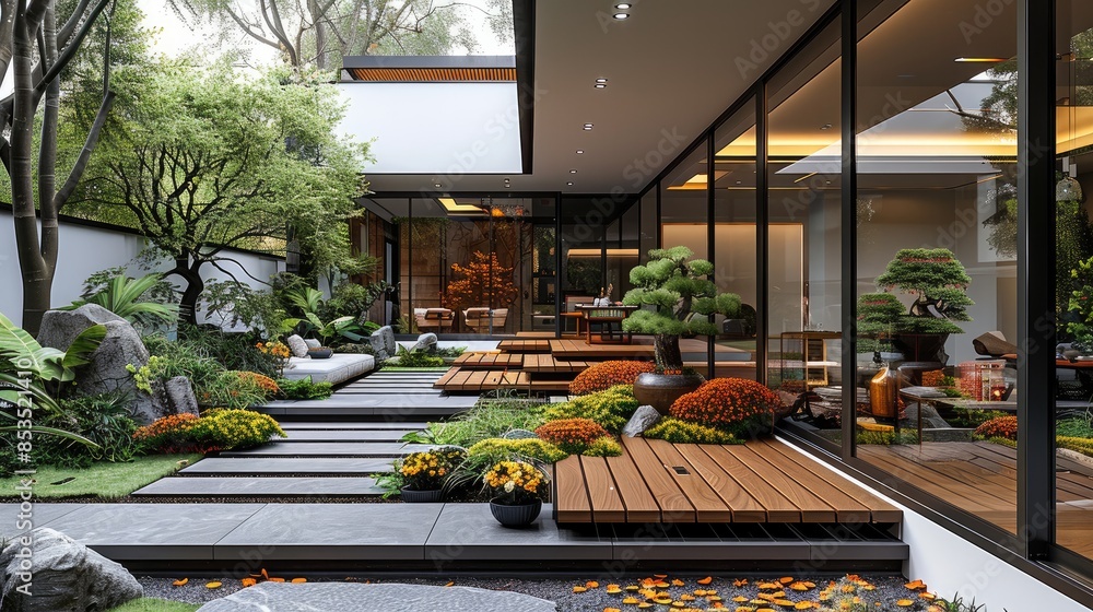 A modern courtyard garden with white walls and a black metal fence ...