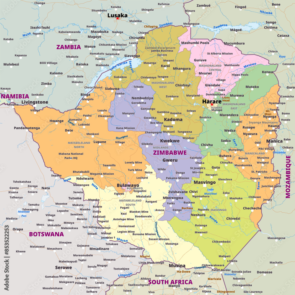 Detailed political map of Zimbabwe Stock Vector | Adobe Stock