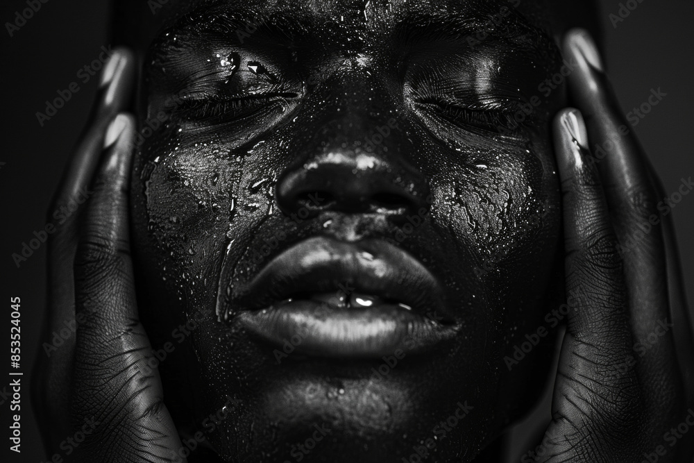 Close-up black and white portrait of a person with closed eyes, water ...