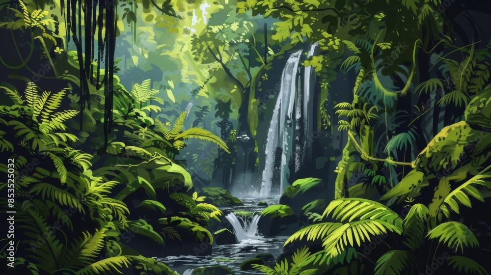 green temperate rainforest landscape illustration nature biodiversity ...