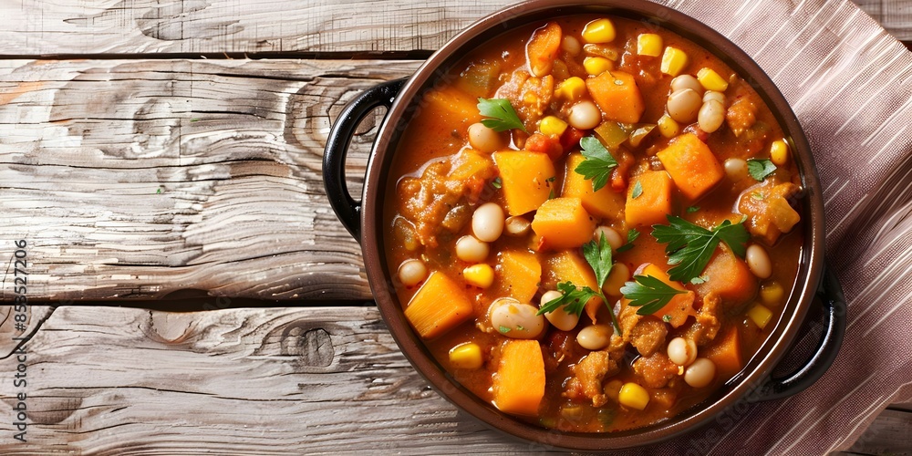 Overhead view of classic Argentine Locro stew with pumpkin, beans, and ...