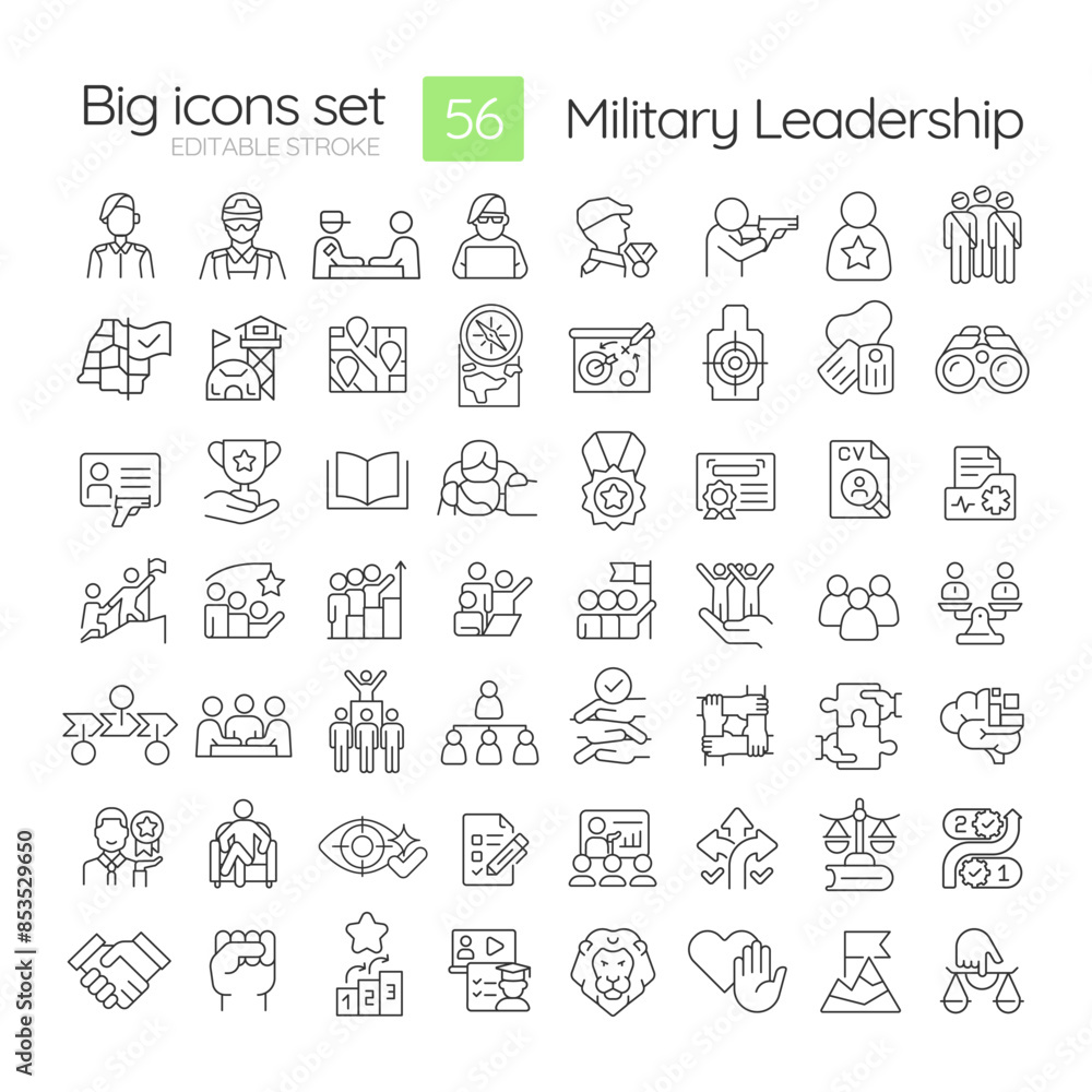 Military leadership linear icons set. Army values, team members. Combat ...