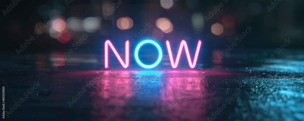 Glowing neon sign displaying the word 'Now' on a wet city street at ...