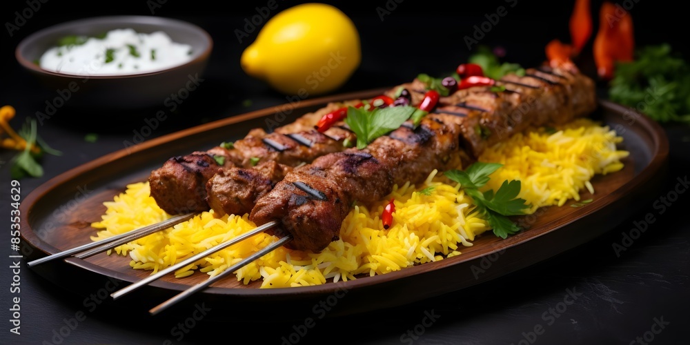 Succulent Persian Joojeh Kabab Chicken Kebab with Saffron Rice A Close ...