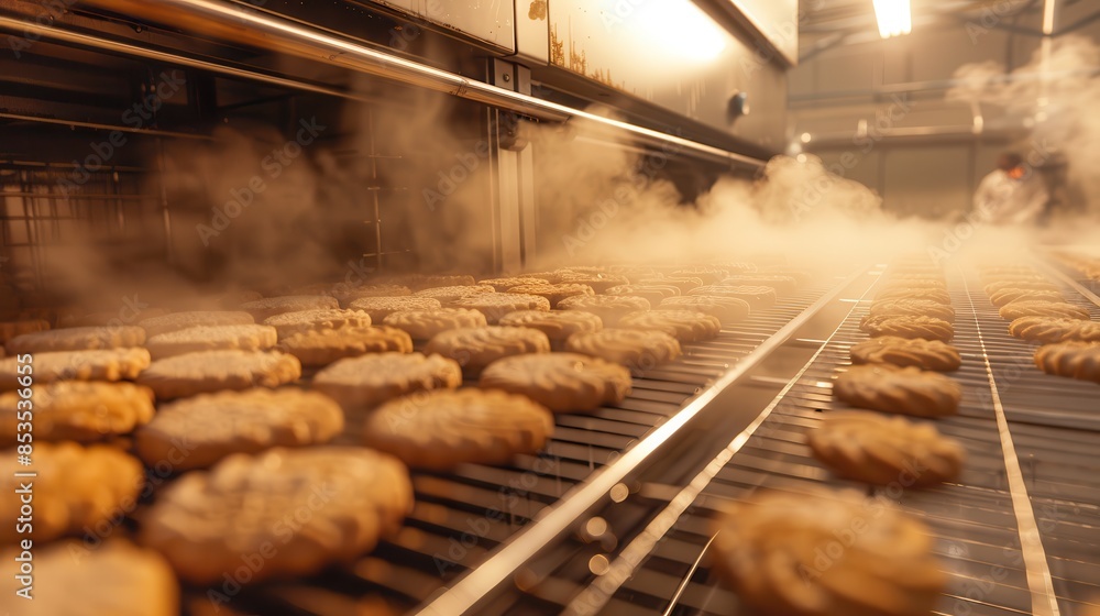 Large industrial ovens baking batches of cookies in a modern dairy ...