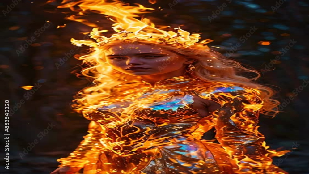 Ethereal Flame Queen, mysterious woman wrapped in flames, exuding a ...