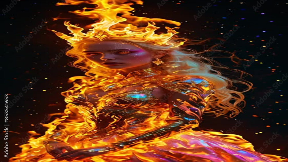 Ethereal Flame Queen, mysterious woman wrapped in flames, exuding a ...