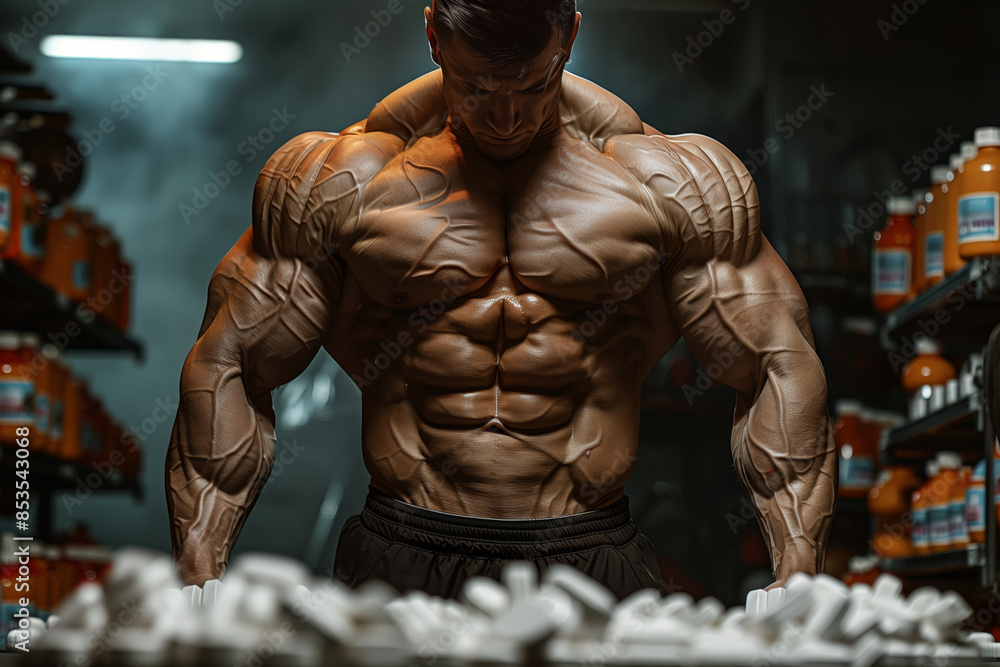 Muscular bodybuilder posing with supplements in a gym. Steroids ...