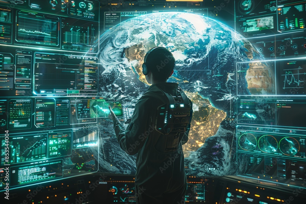 Climate scientist analyzing carbon credit data on futuristic digital interface, with visuals ...