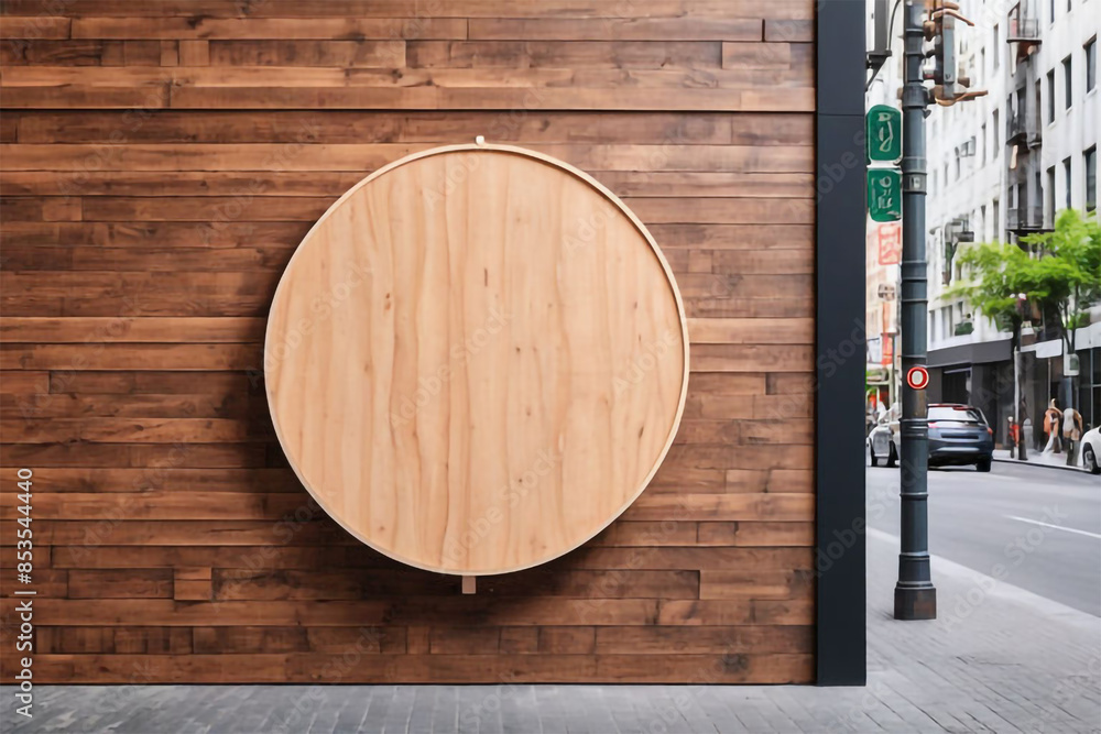Wooden Wall hosts an empty Circular Mockup Signboard Awaiting ...